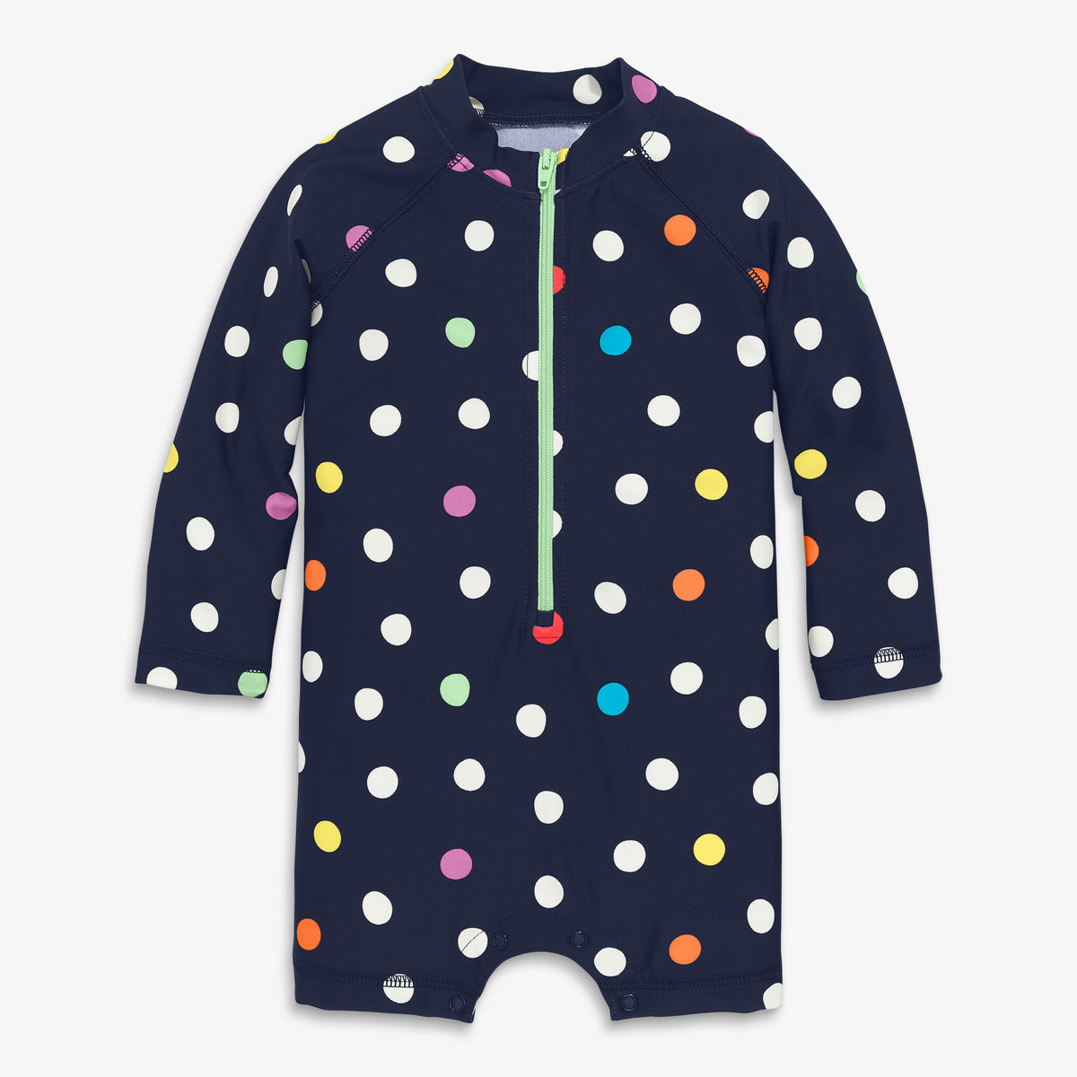 Baby one-piece rash guard in rainbow confetti dots | Primary.com
