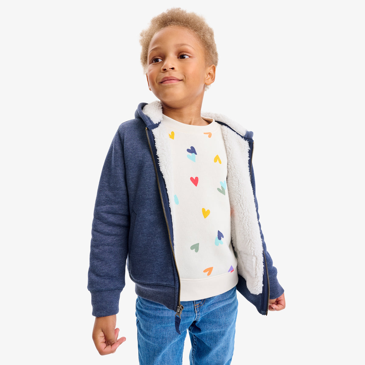 Kids cozy fleece sweatshirt in rainbow confetti hearts | Primary.com