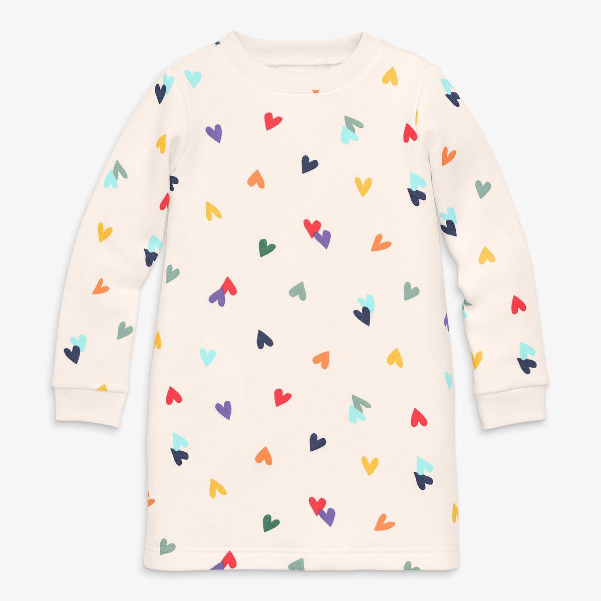 Kids cozy fleece dress in rainbow confetti hearts | Primary.com