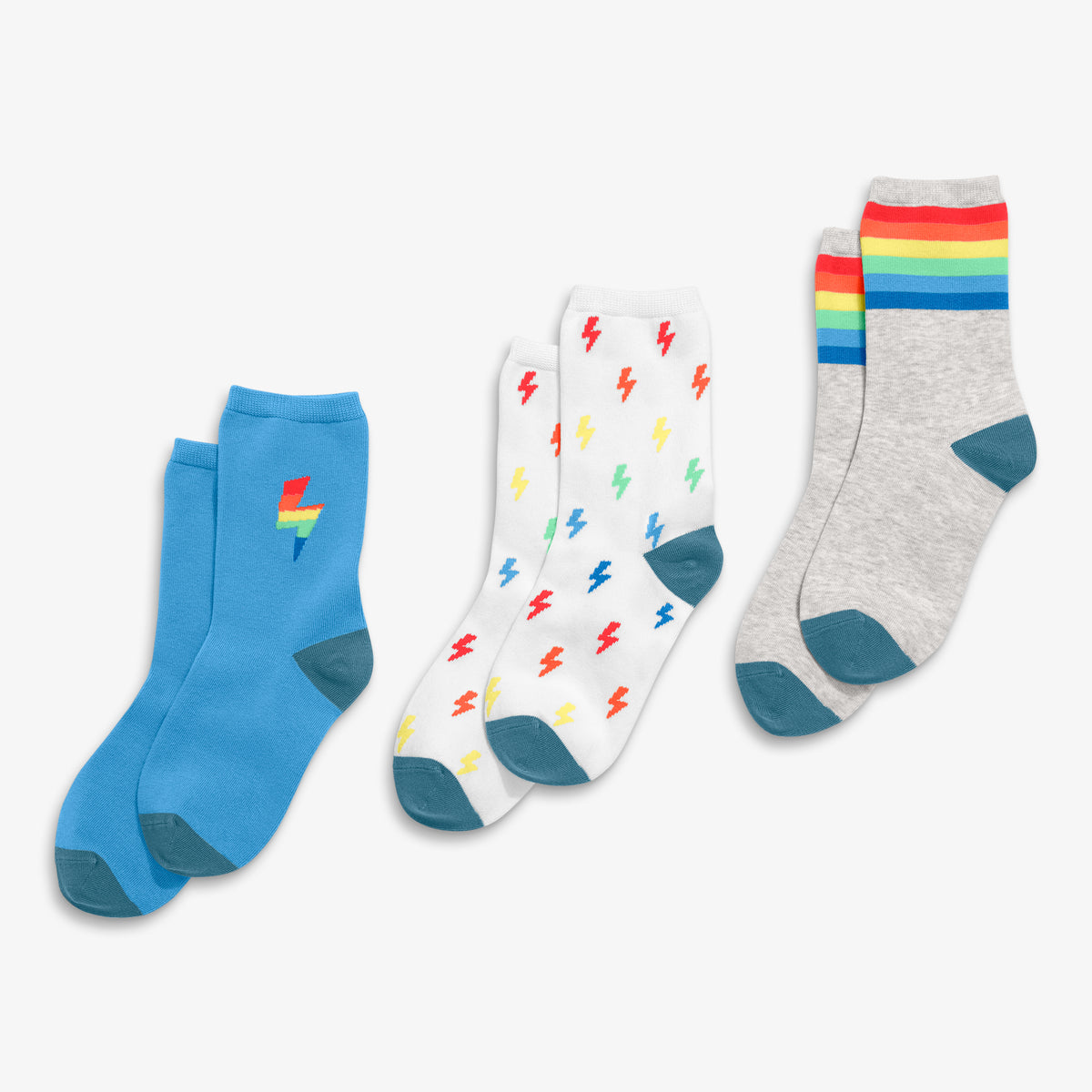 Kids crew sock 3-pack in rainbow bolt mix | Primary.com
