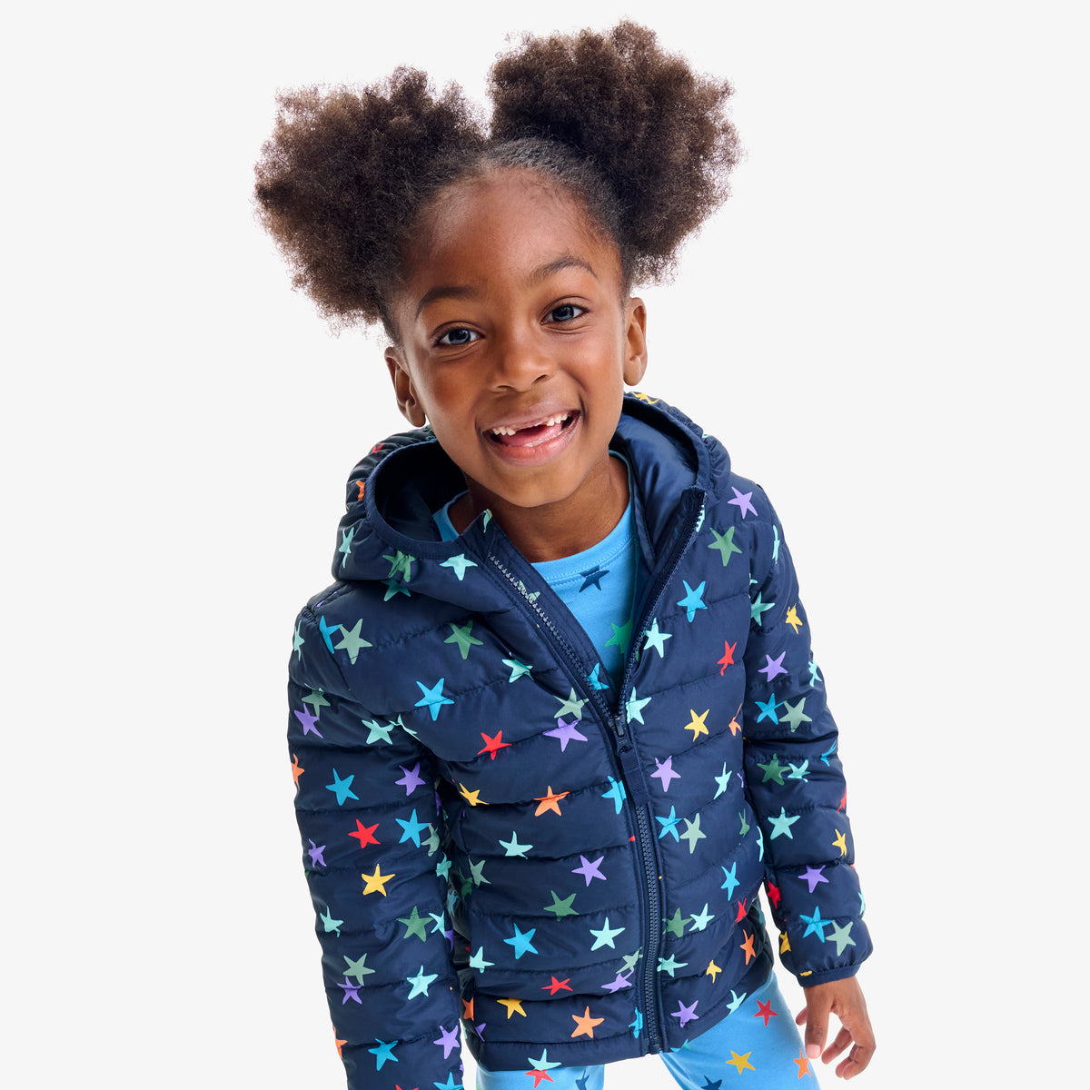 Kids lightweight puffer jacket in rainbow confetti stars | Primary.com