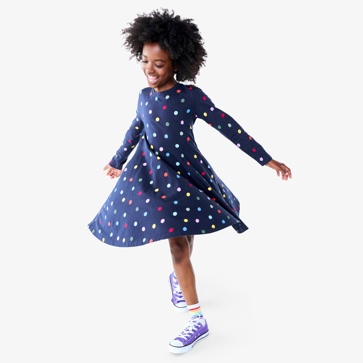 Kids long sleeve twirly dress in confetti dots | Primary.com