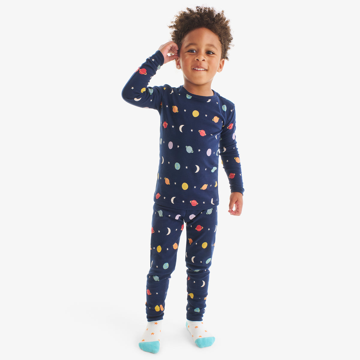 Kids organic long sleeve PJ top in rainbow galaxy | Primary.com