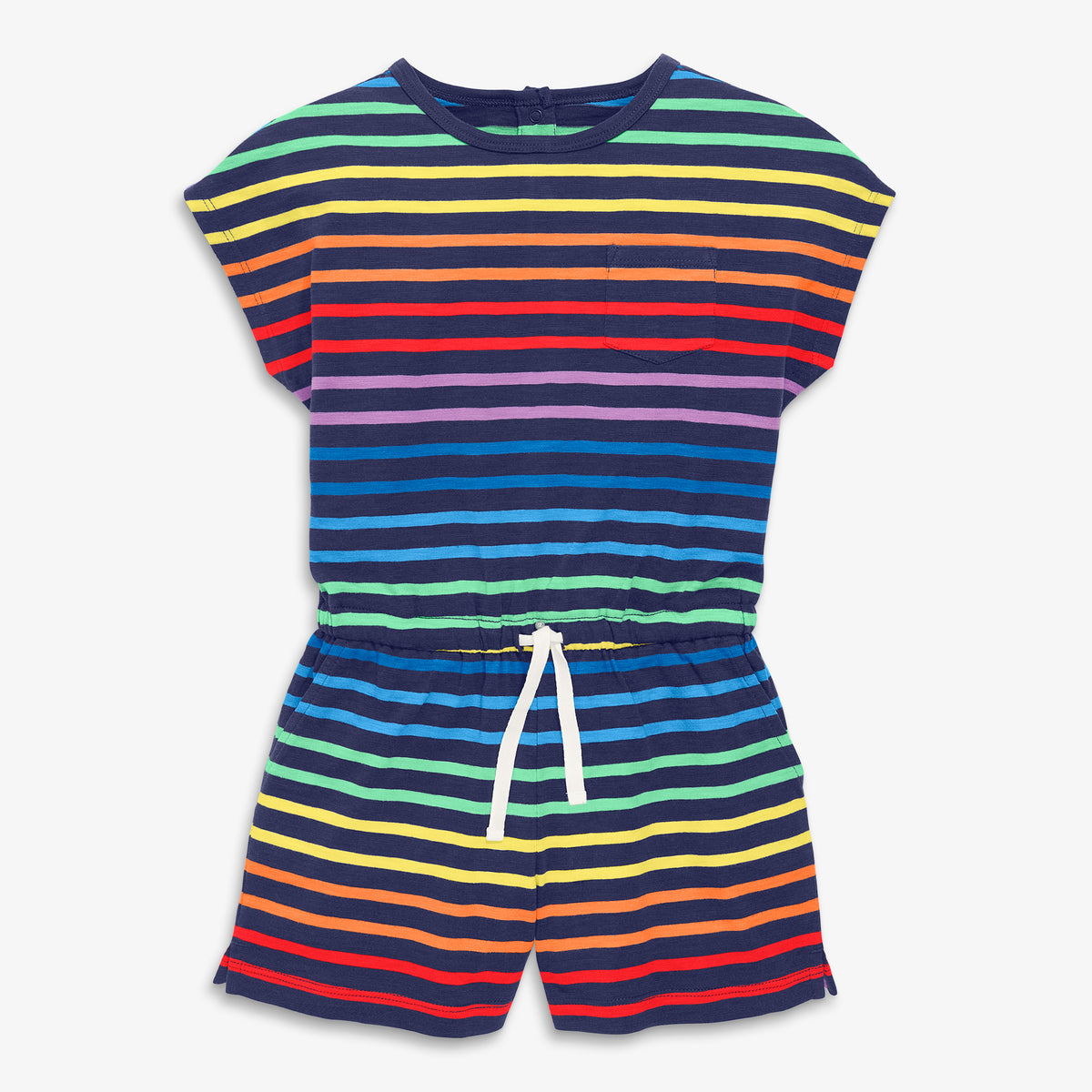 Kids romper in double rainbow stripe | Primary.com