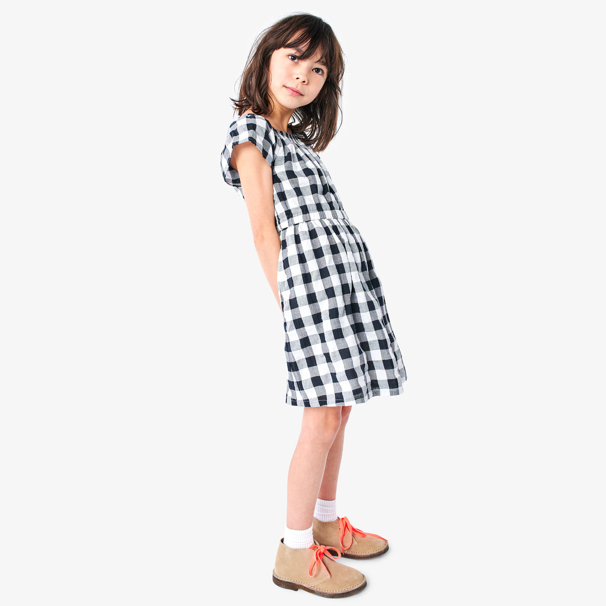 Kids flutter sleeve dress in gingham | Primary.com