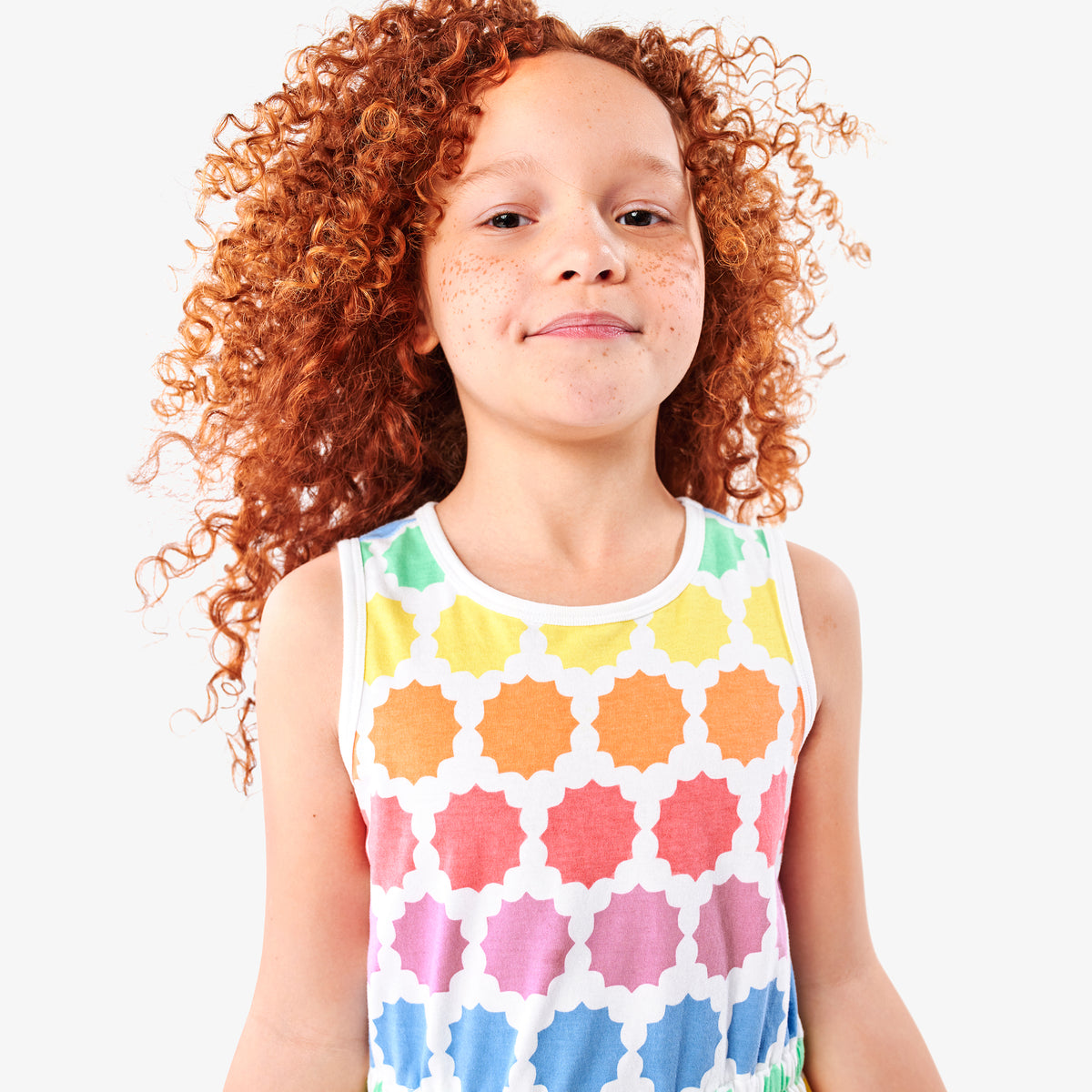 Kids drawstring tank dress in sunburst rainbow | Primary.com
