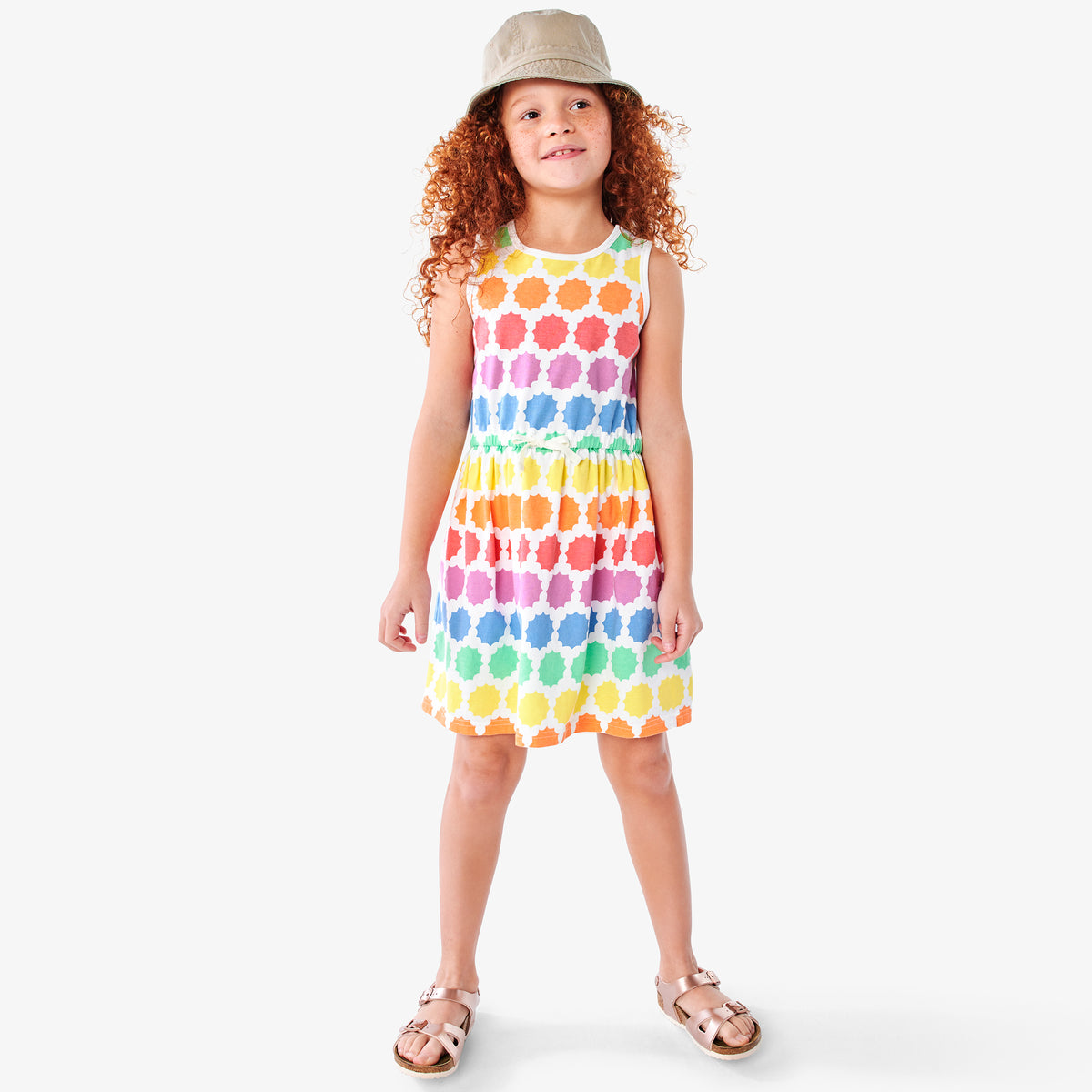 Kids drawstring tank dress in sunburst rainbow | Primary.com